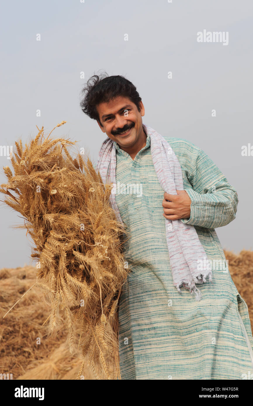 Farmer carrying a bundle of wheat crop and smiling Stock Photo - Alamy