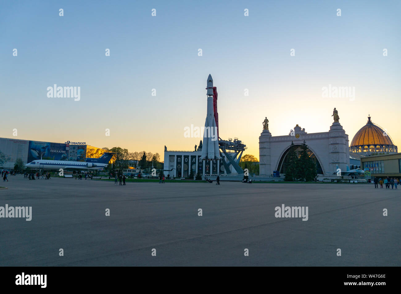 Moscow, Russia, April 30, 2019: Russian spaceship Vostok 1, monument of ...