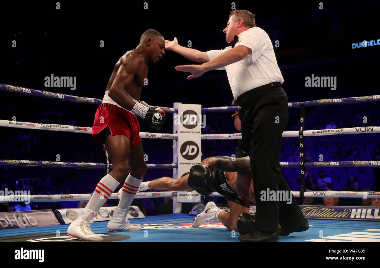 Dan Azeez knocks down Charlie Duffield during their fight at the O2 ...