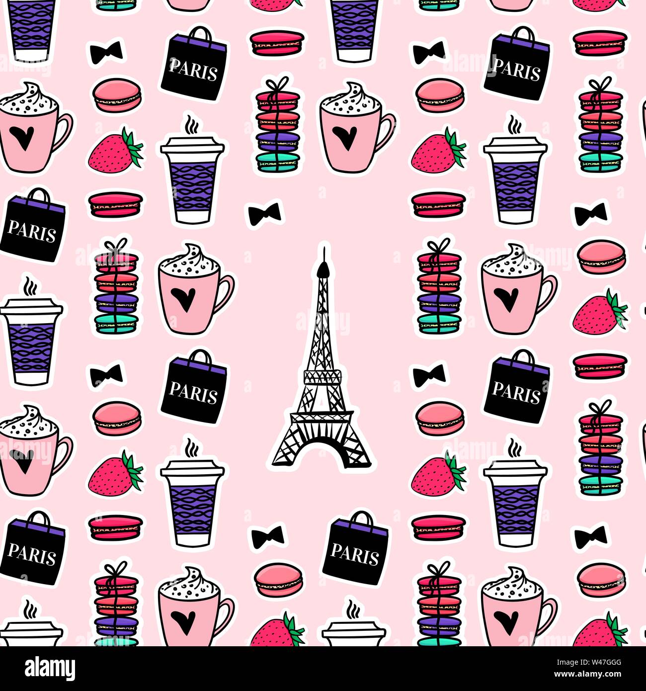 Paris seamlesss pattern. Eiffel tower with french coffe and dessert ...