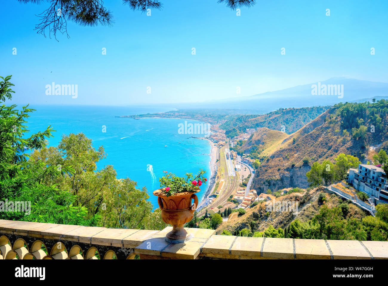 Aerial panoramic view from city public park of coastline Taormina ...