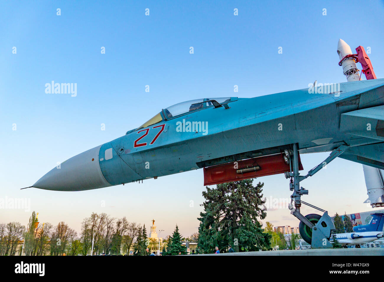 Nose and cabin of the Russian fighter SU 27 against the blue sky Stock ...