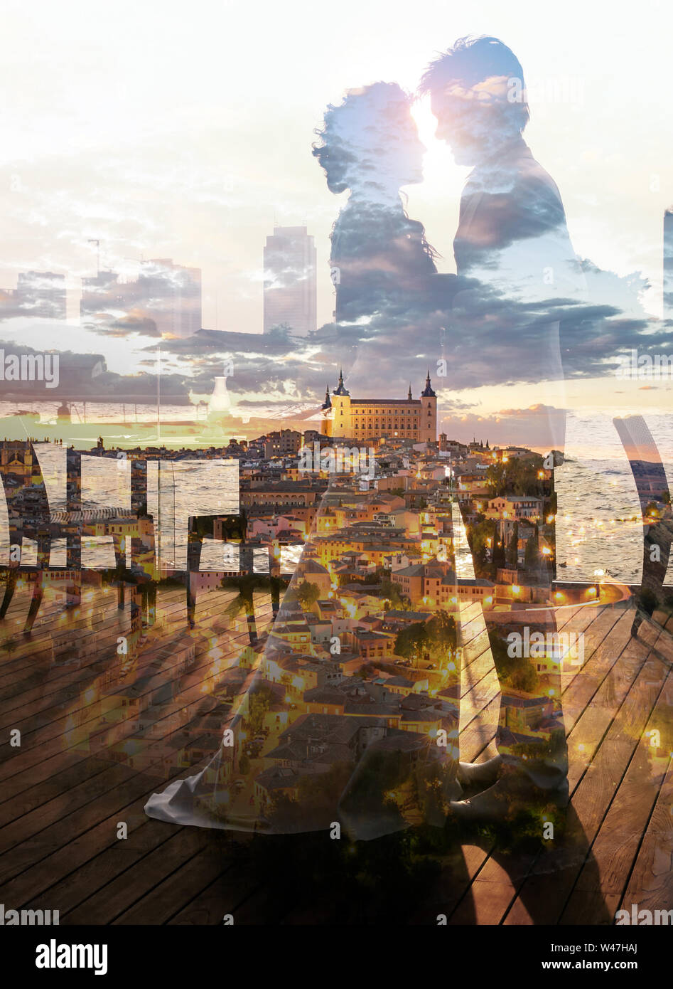 Double exposure of romantic couple wedding scene with beautiful and ...