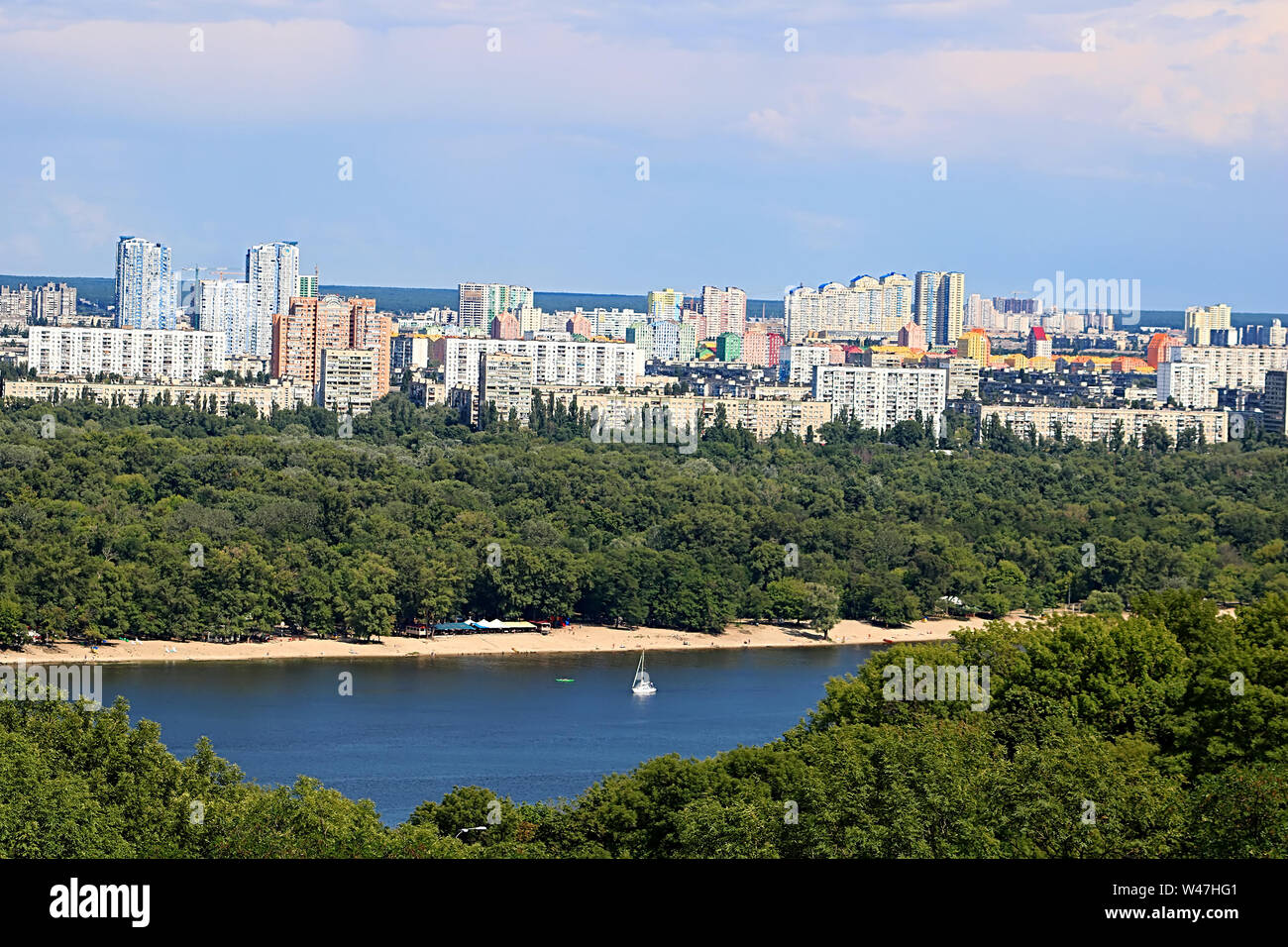 Landscape view of Dnipro river and its Left bank on the over side with ...