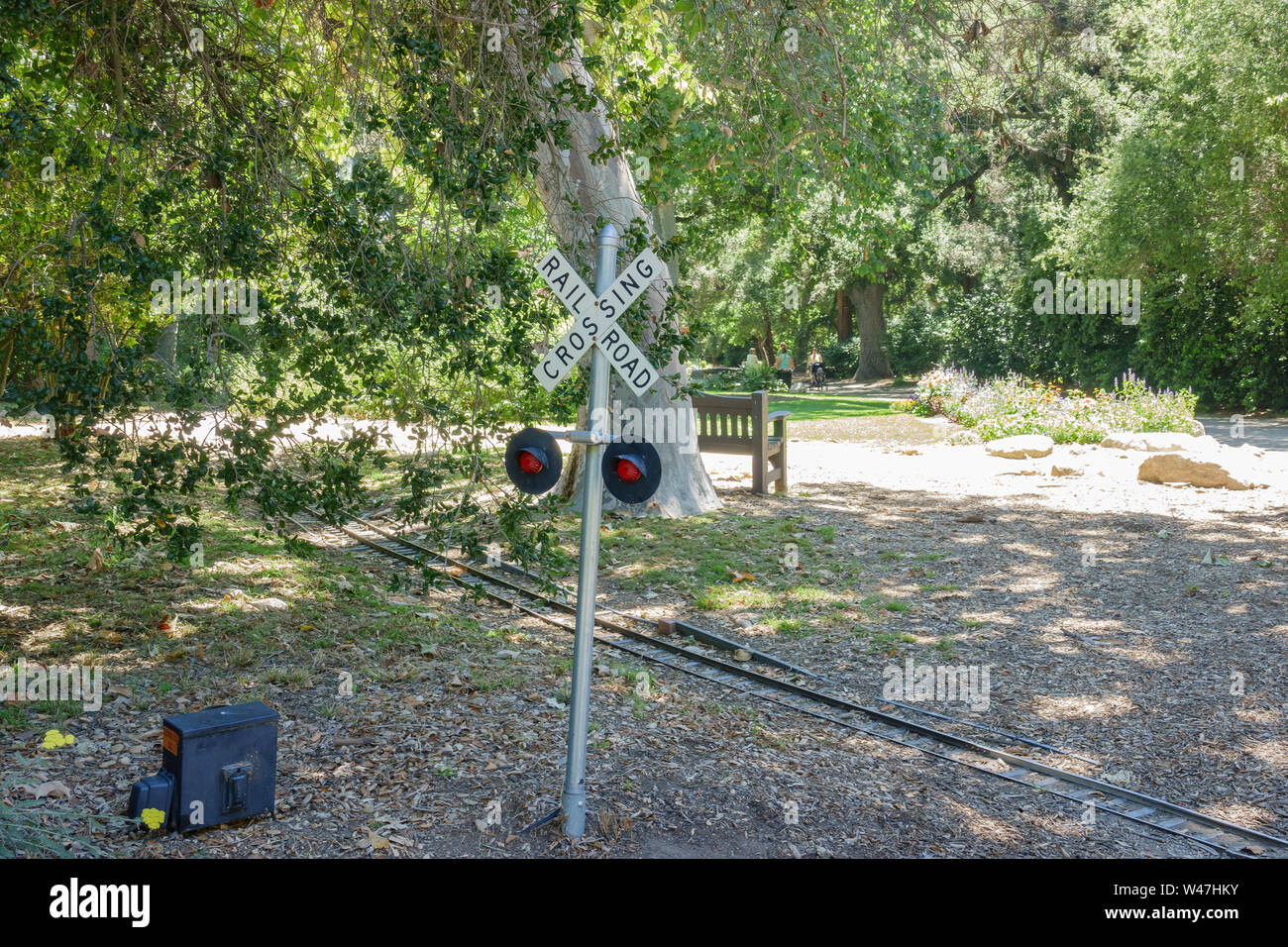Railway crossing sign in a park at Los Angeles, California Stock Photo ...