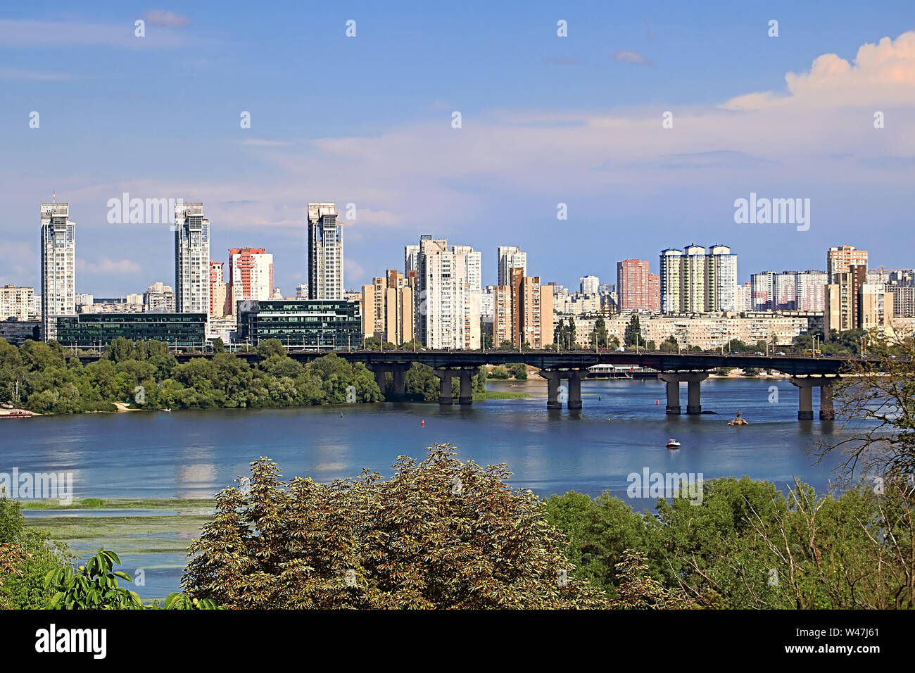Landscape view of Dnipro river and its Left bank on the over side with ...