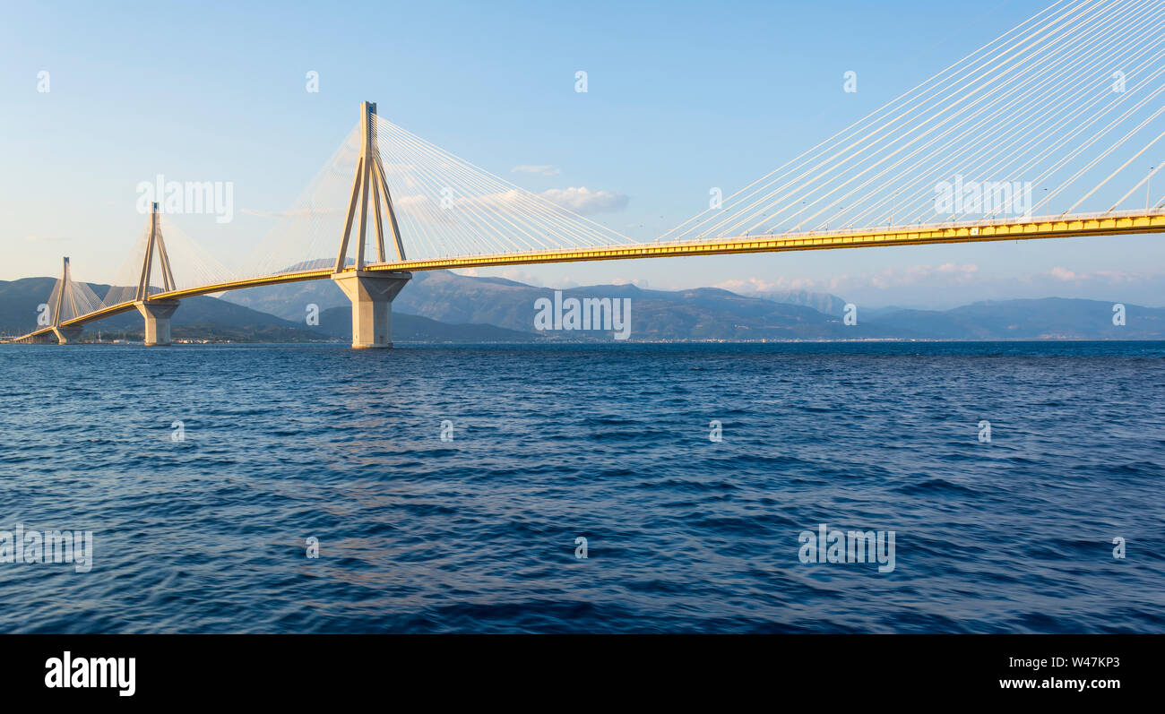 Cable-stayed suspension bridge crossing Corinth Gulf strait, Greece. It ...