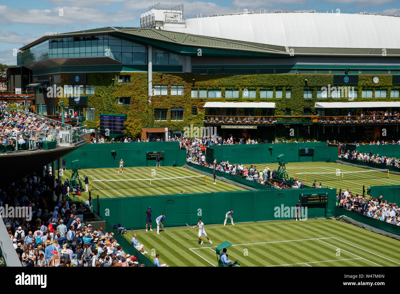 General View of Centre Court and The Wimbledon Championships 2019. Held ...
