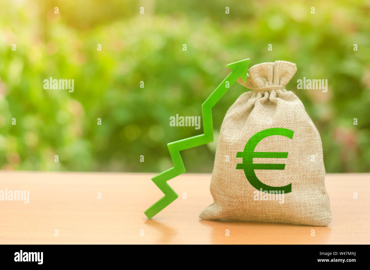 Money bag with Euro symbol and green up arrow. Increase profits and ...