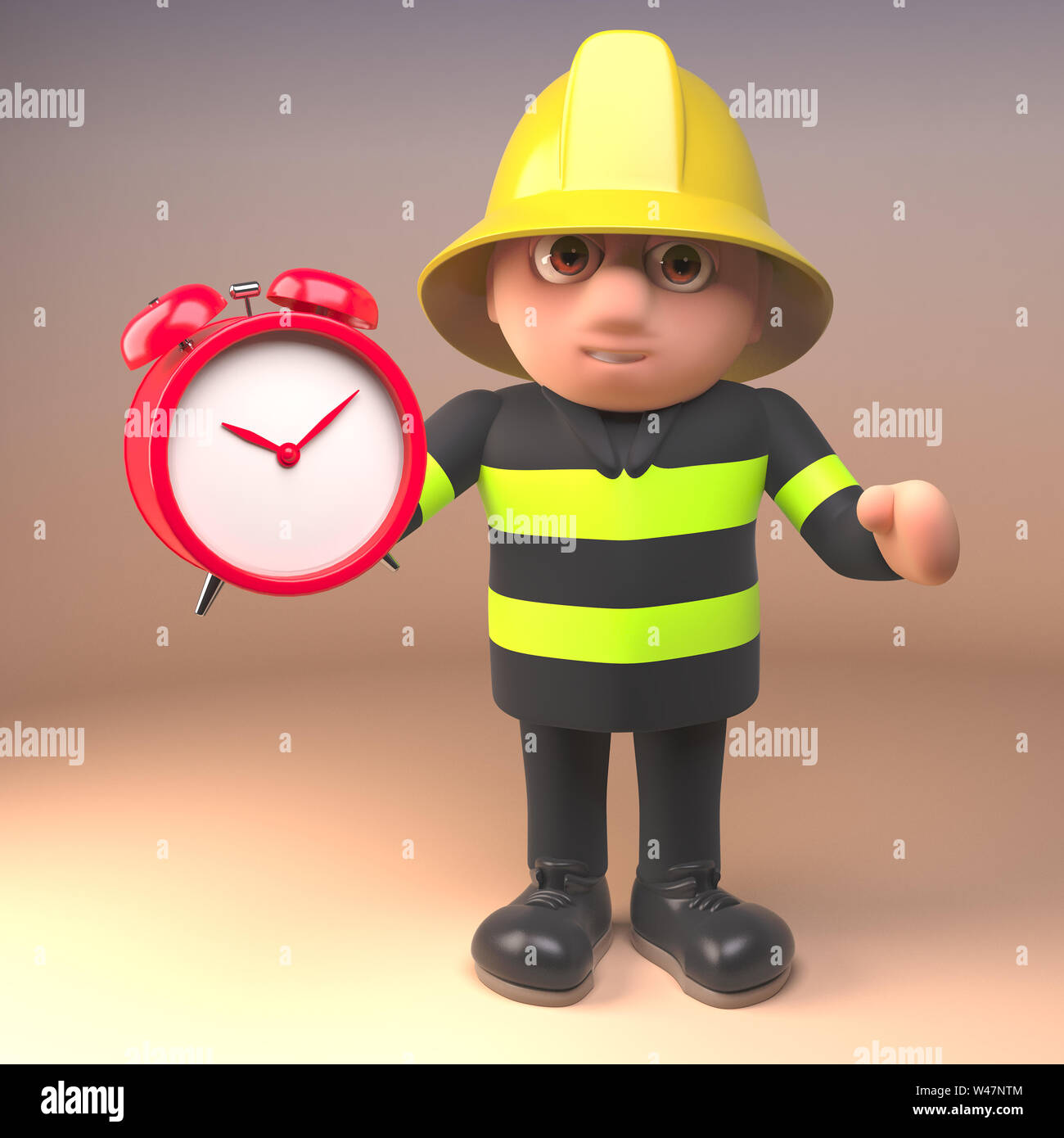 Brave fireman firefighter character holding an alarm clock, 3d ...