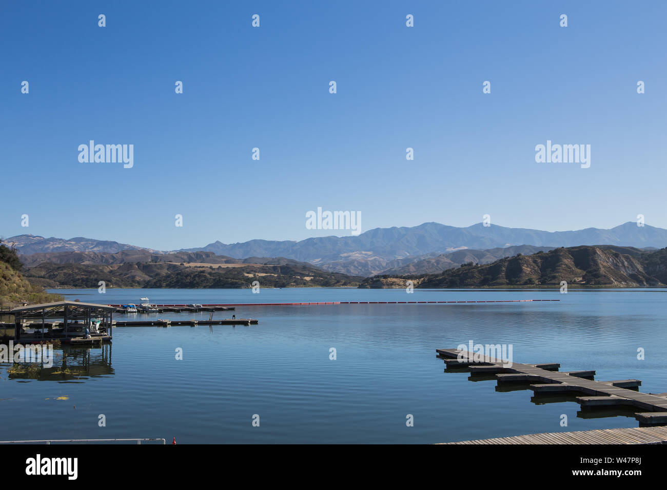 Wood boat / jetty at Lake Cachuma in Santa Barbara County, California ...