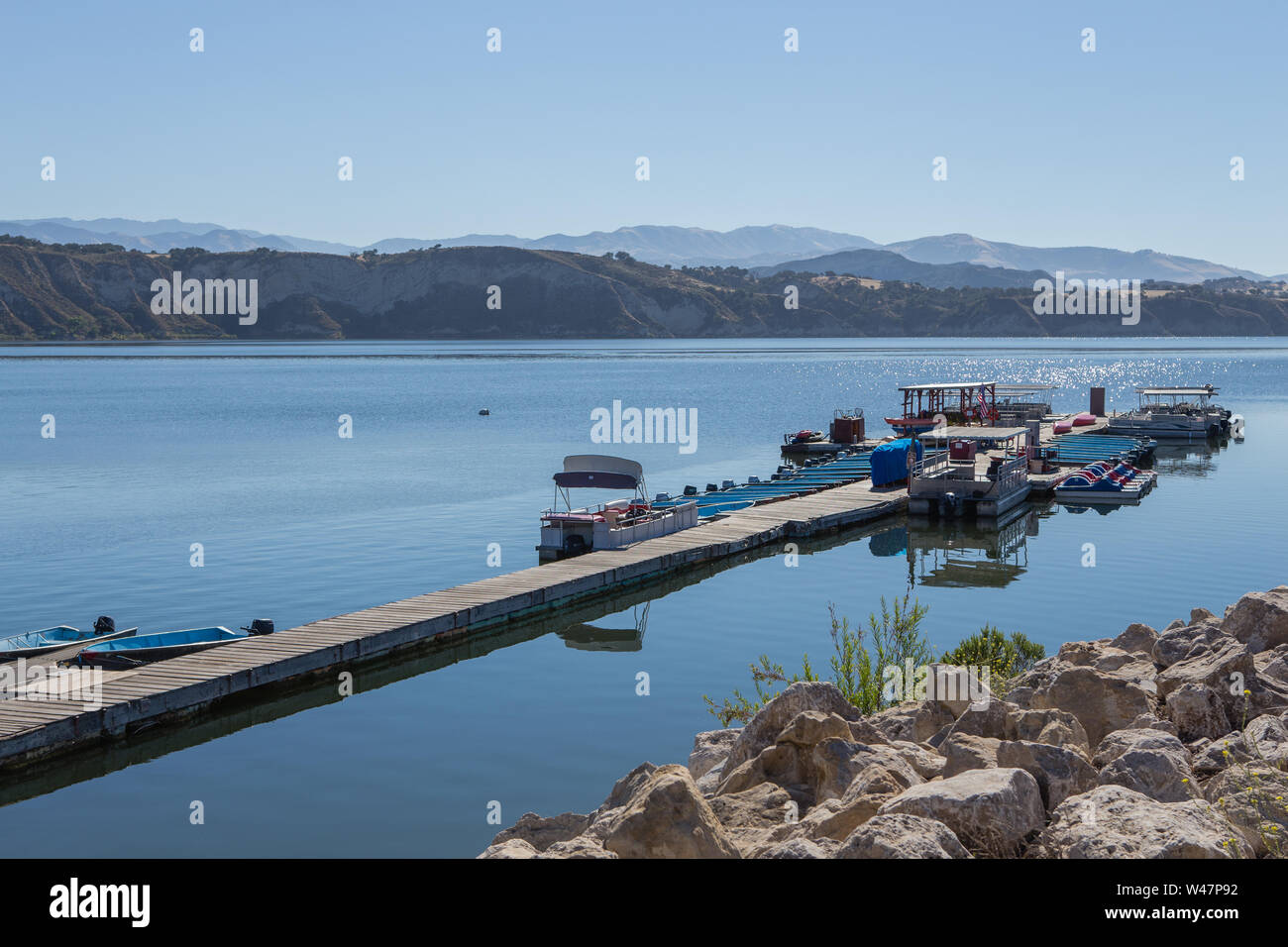 Wood boat / jetty at Lake Cachuma in Santa Barbara County, California ...