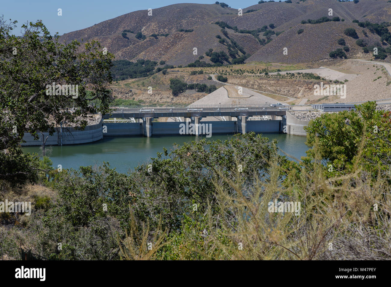 The Bradbury earthen Dam across the Santa Ynez river just off highway ...