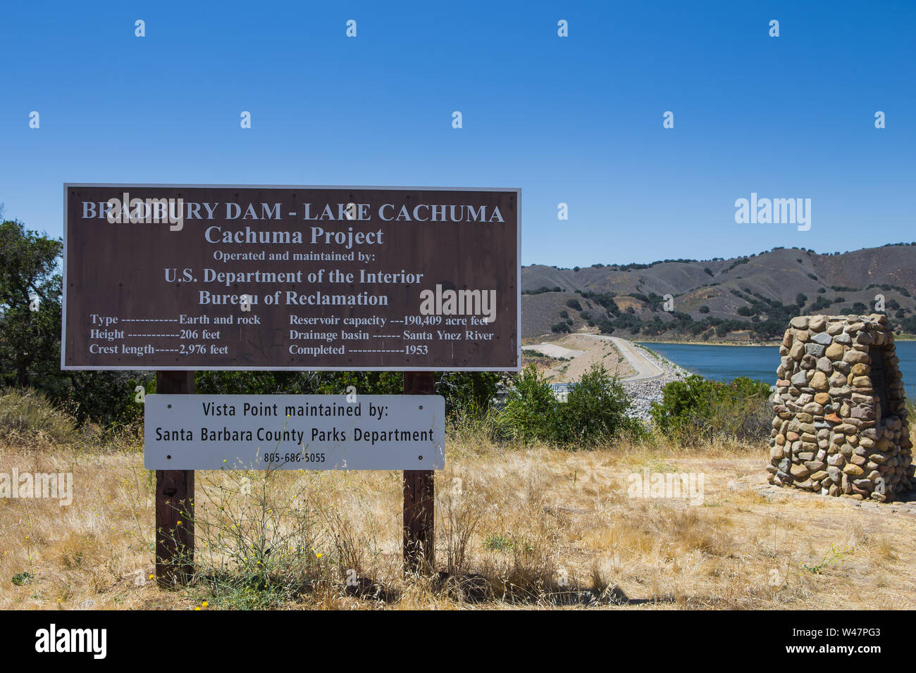 Information board at The Bradbury Dam across the Santa Ynez river off ...
