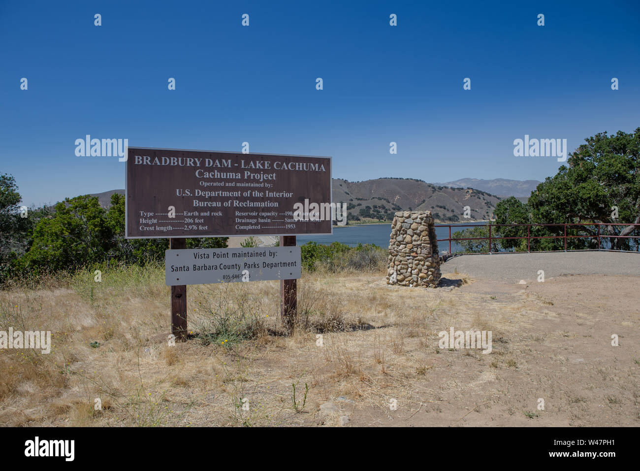 Information board at The Bradbury Dam across the Santa Ynez river off ...