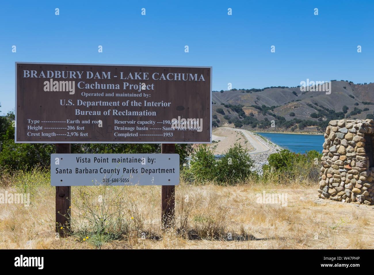 Information board at The Bradbury Dam across the Santa Ynez river off ...