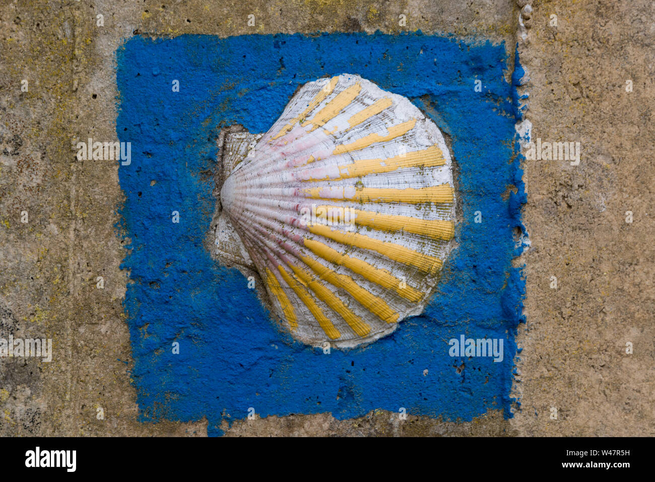 Traditional marker along the Camino del Norte in the village of Cuerres ...