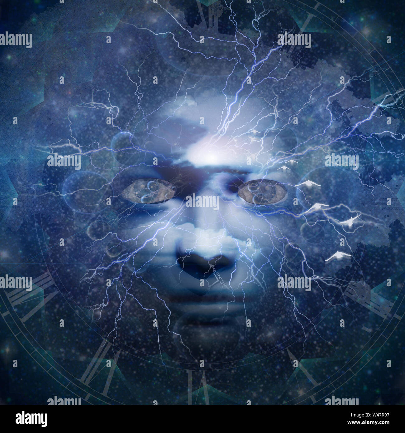 Spiritual composition. The Face of God. Flock of birds and ancient ...