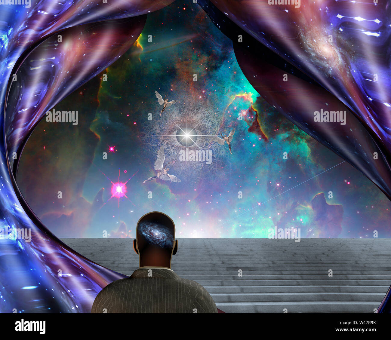 Surrealism and symbolism. Angels and man with galaxy inside his head ...