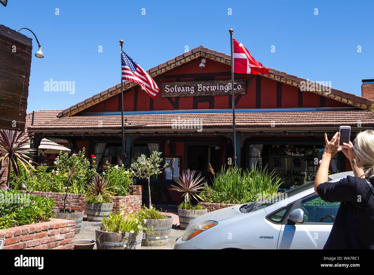 The exterior of the Solvang Brewing company restaurant and bar on ...