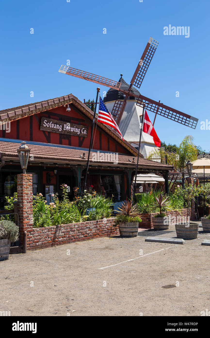 The exterior of the Solvang Brewing company restaurant and bar on ...