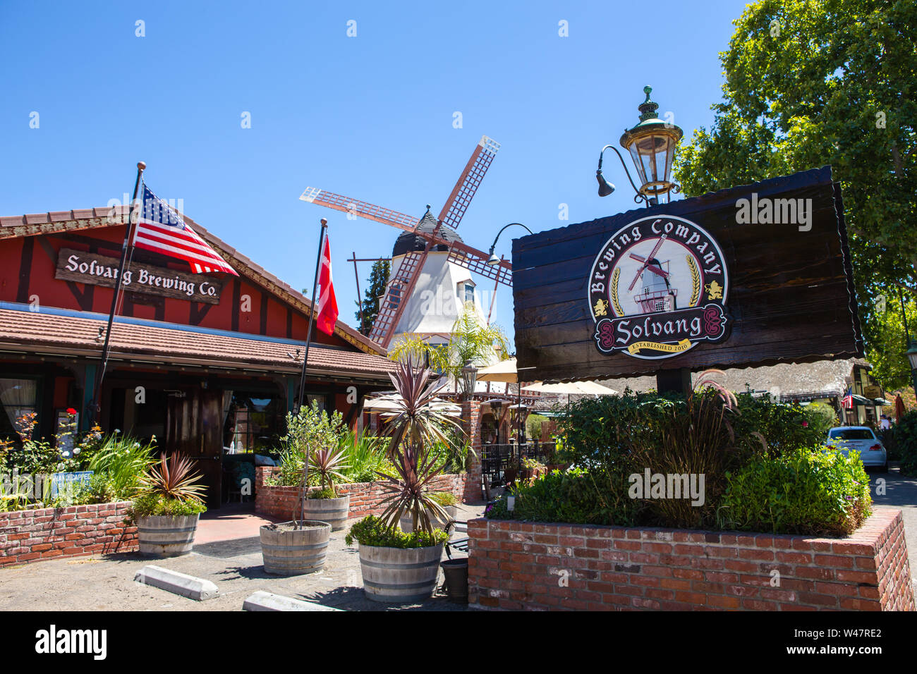 The exterior of the Solvang Brewing company restaurant and bar on ...