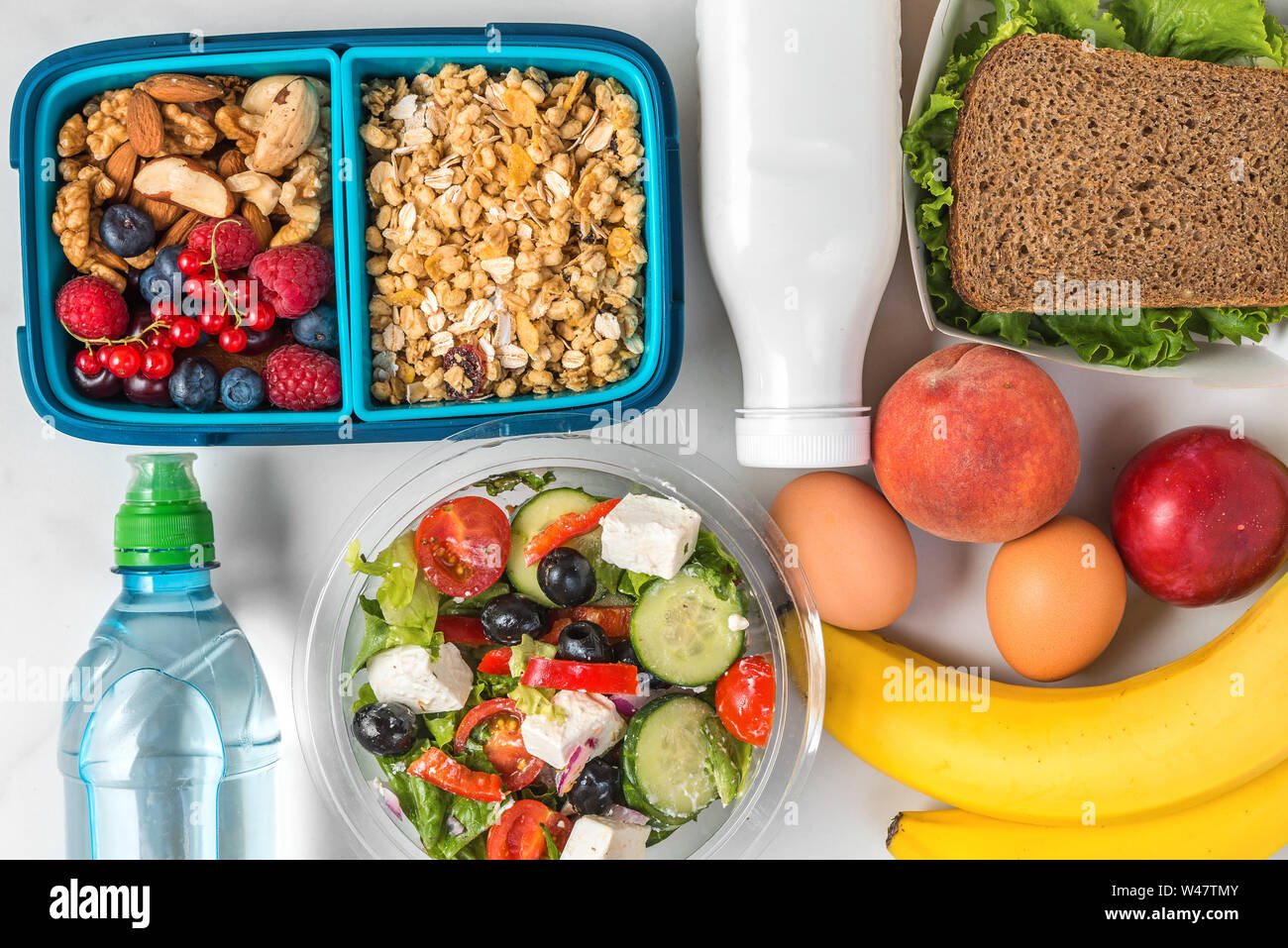 lunch boxes with healthy food to take away for whole day. breakfast ...