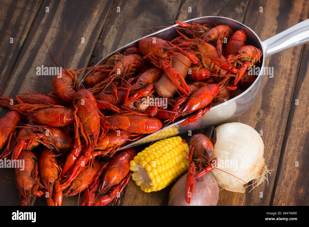 Boiled Crawfish on a Wood Background Stock Photo - Alamy