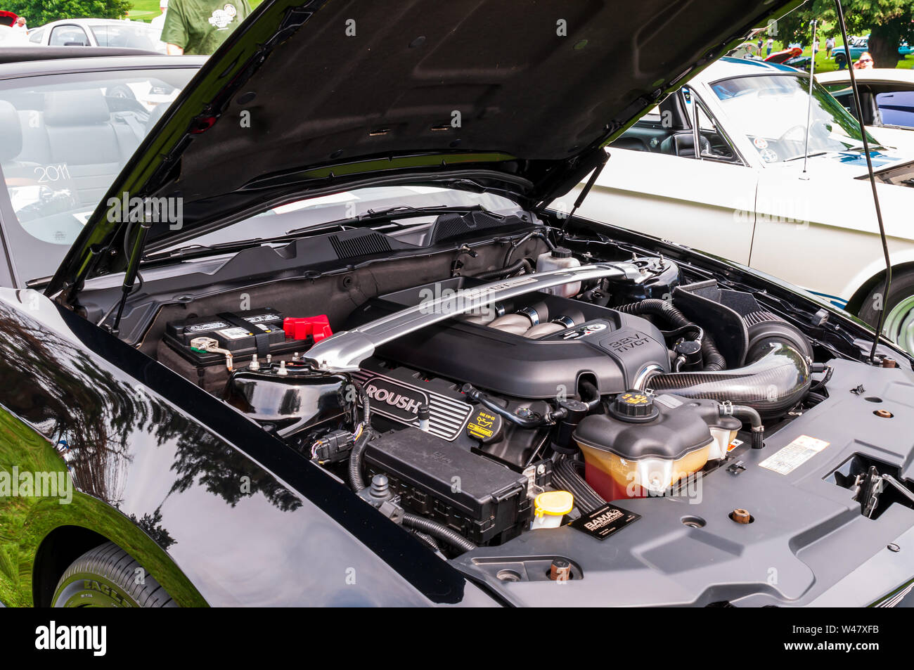 The engine compartment of a Ford Mustang at the Pittsburgh Gran Prix ...