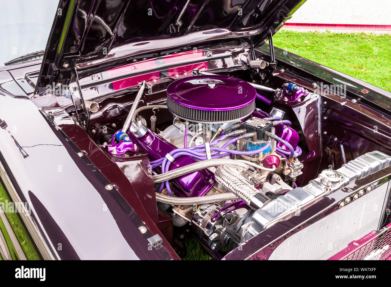 The engine compartment of a 68 Ford Mustang at the Pittsburgh Gran Prix ...