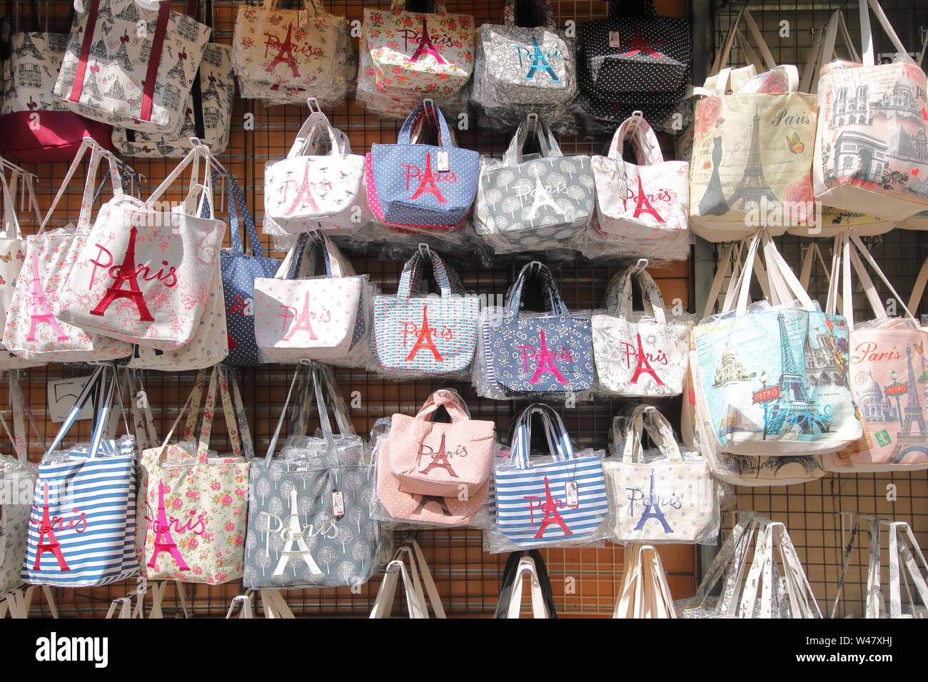 Souvenir bags display at shopping street in Montmartre Paris France ...