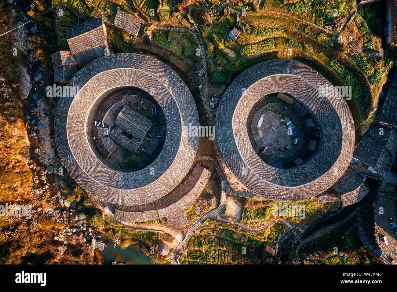 Aerial view of Tulou, the unique dwellings of Hakka in Fujian, China ...
