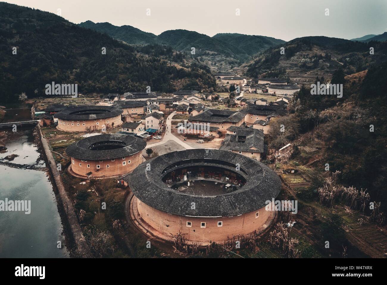 Aerial view of Tulou, the unique dwellings of Hakka in Fujian, China ...