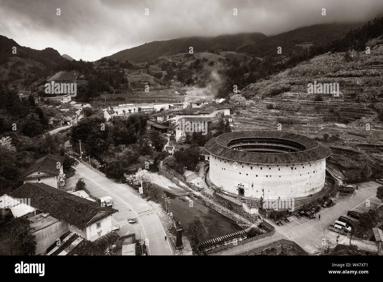 Aerial view of Tulou, the unique dwellings of Hakka in Fujian, China ...