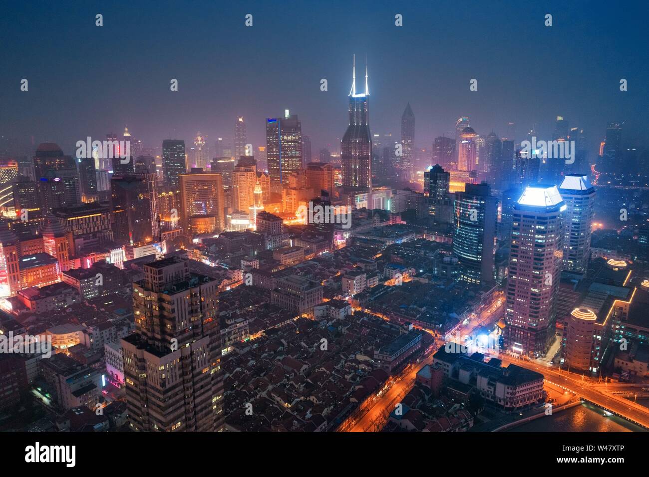 Shanghai aerial night view from above with city skyline and skyscrapers ...