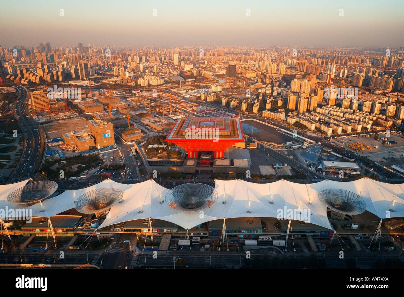 Shanghai Expo Park aerial view from above with city skyline and ...
