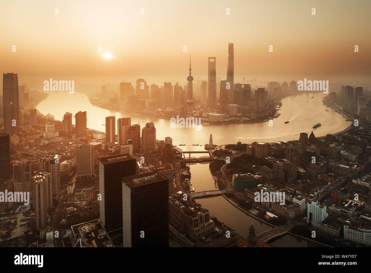 Shanghai city aerial view with Pudong business district and skyline in ...
