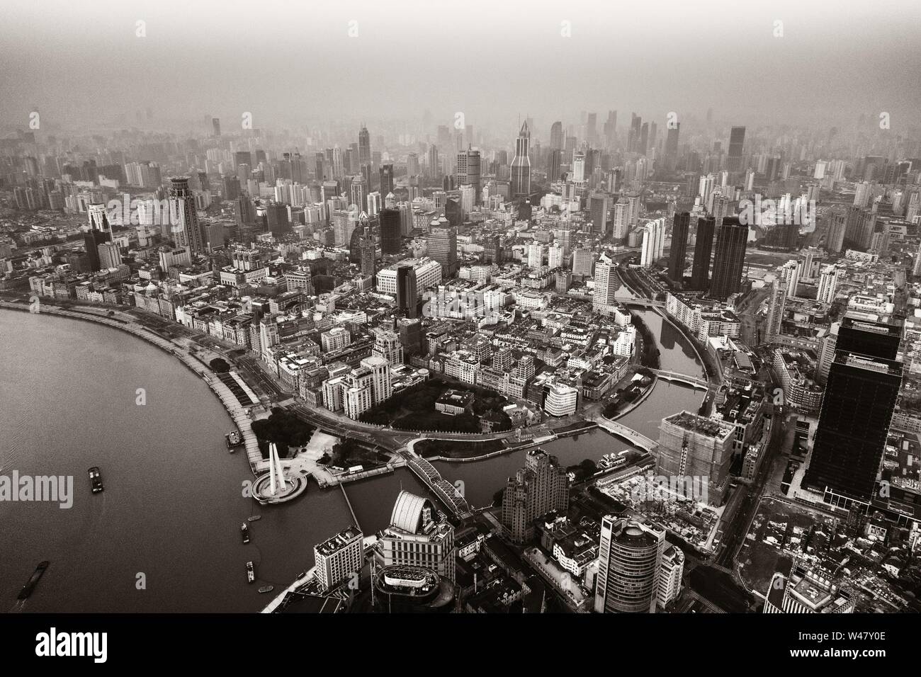 Shanghai aerial view from above with city skyline and skyscrapers in ...