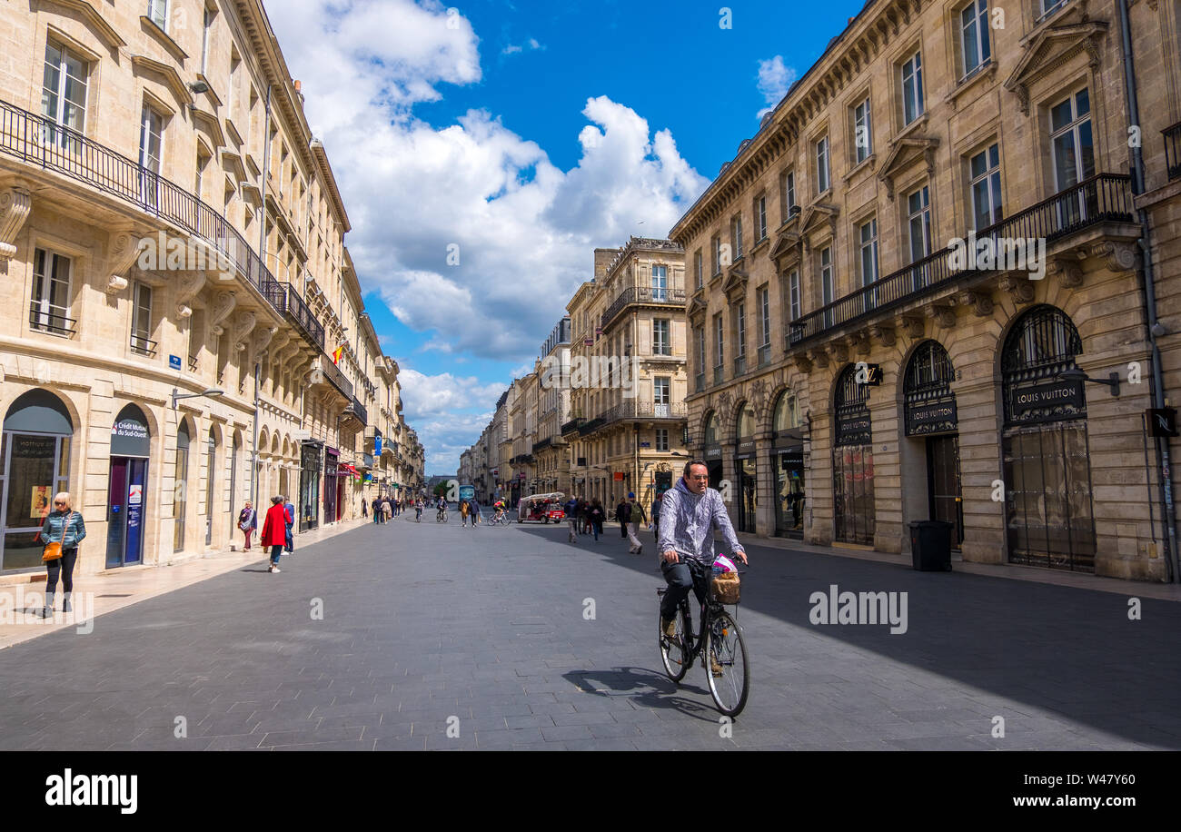 Bordeaux, France - May 5, 2019: Pedestrian shopping street with luxury ...