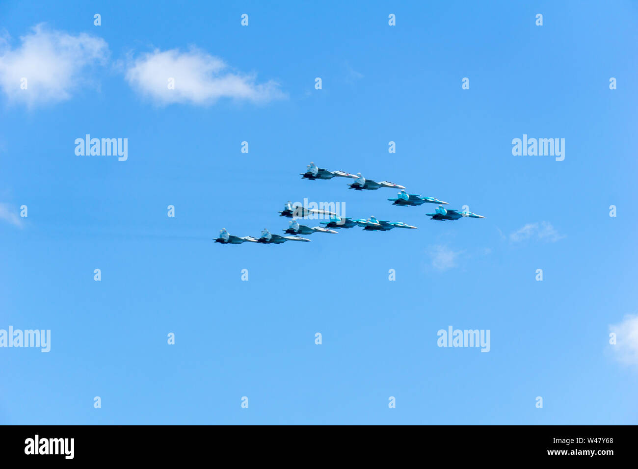 Moscow, Russia, May 9, 2019 - Aircraft Su-34 Su-27 MiG-29 flying ...