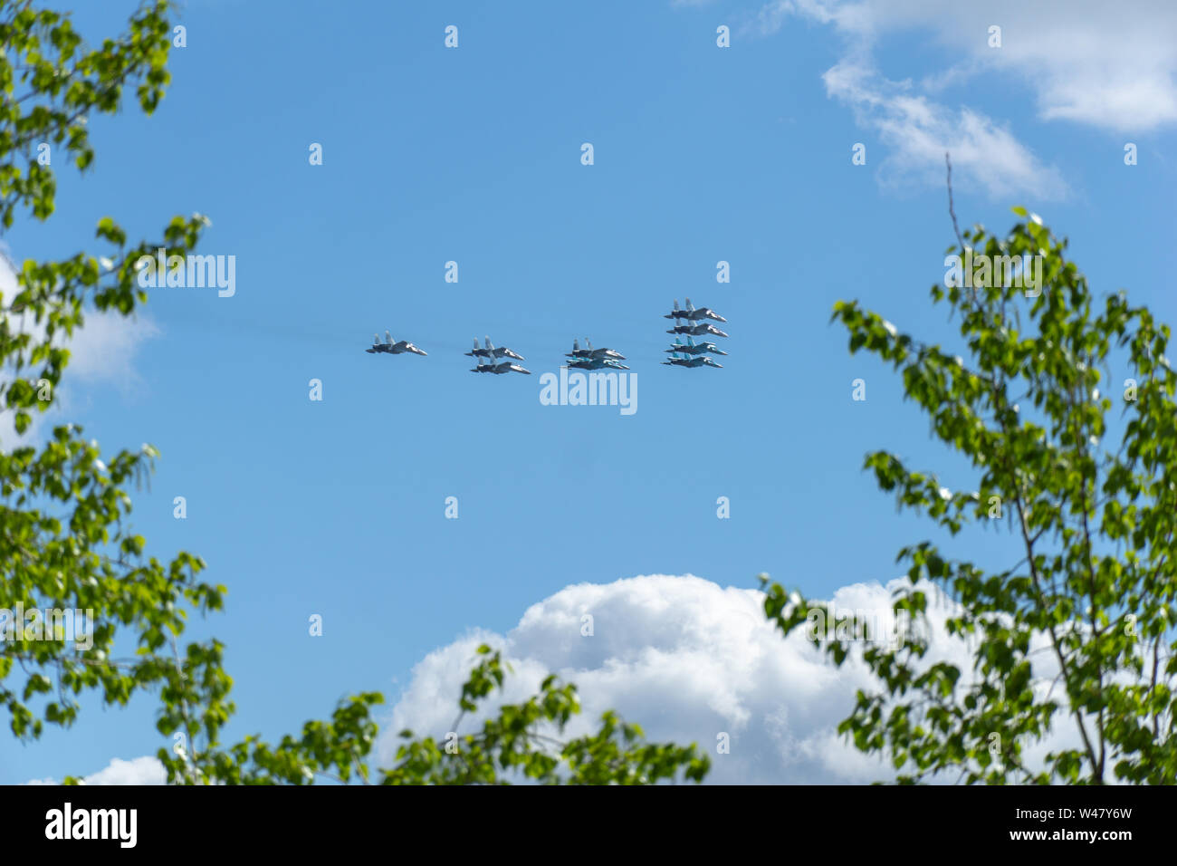 Moscow, Russia, May 9, 2019 - Aircraft Su-34 Su-27 MiG-29 flying ...