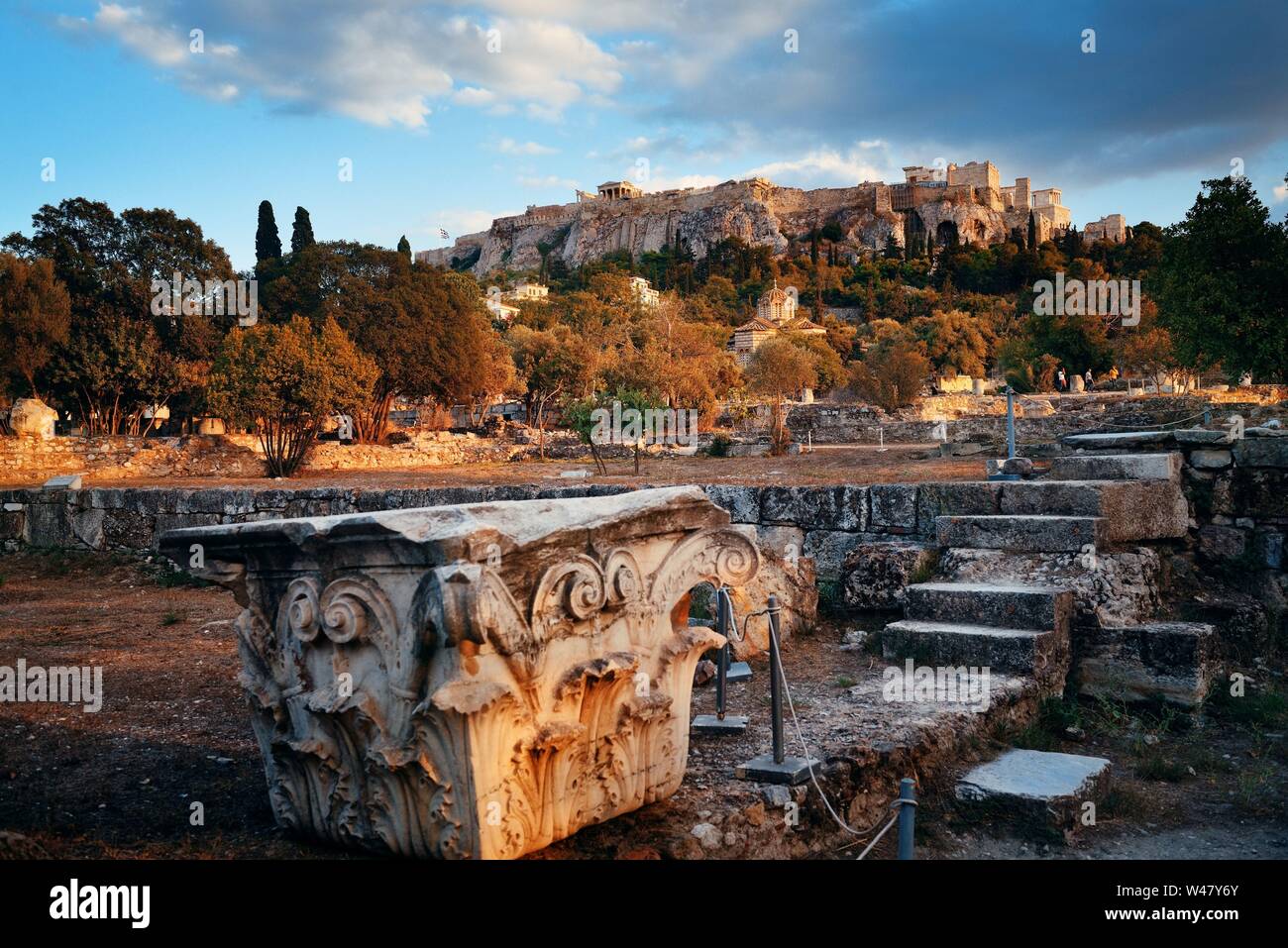 Acropolis historical ruins on top of mountain in Athens, Greece Stock ...
