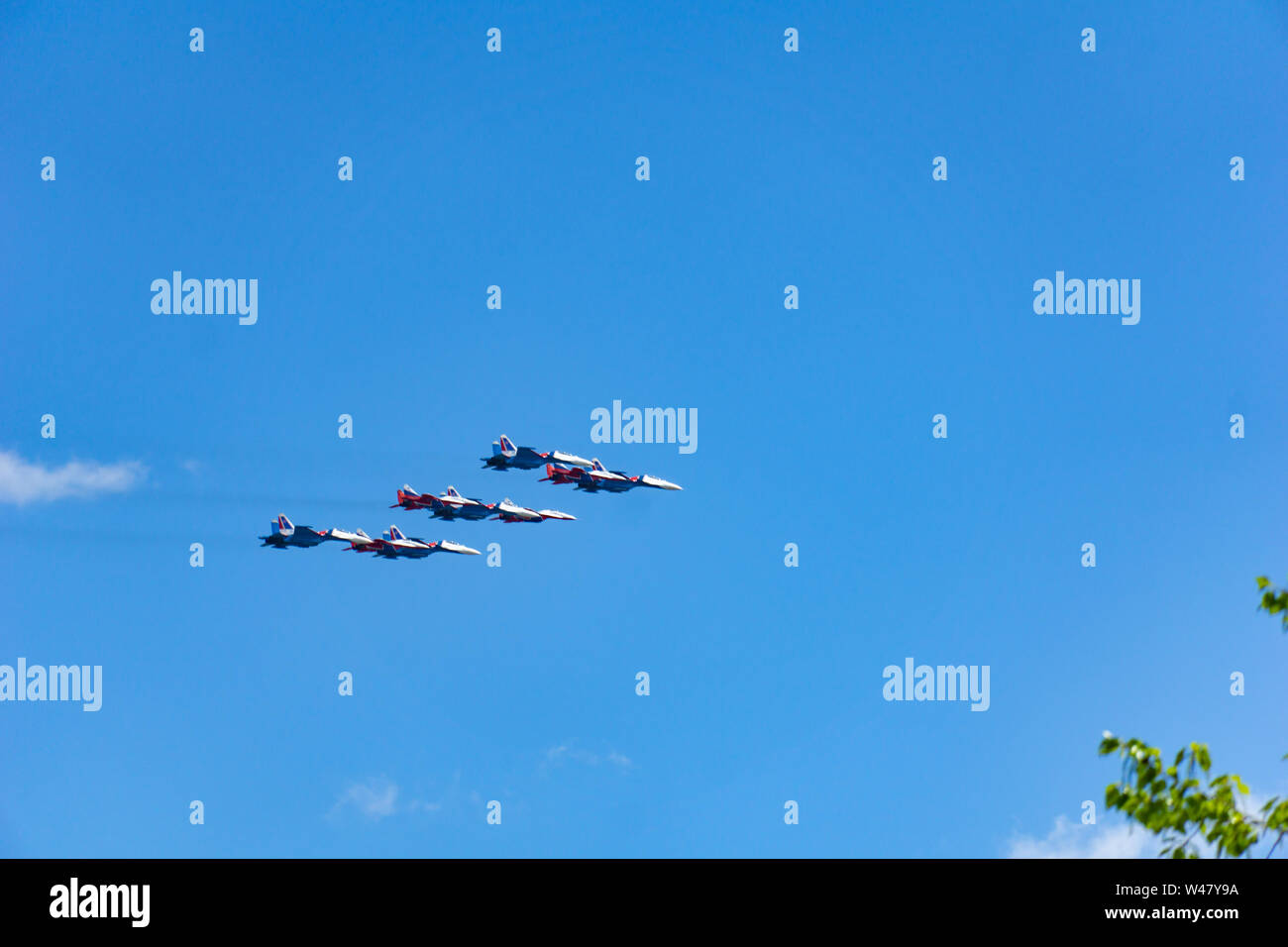 Moscow, Russia, May 9, 2019 - Aircraft Su-34 Su-27 MiG-29 flying ...