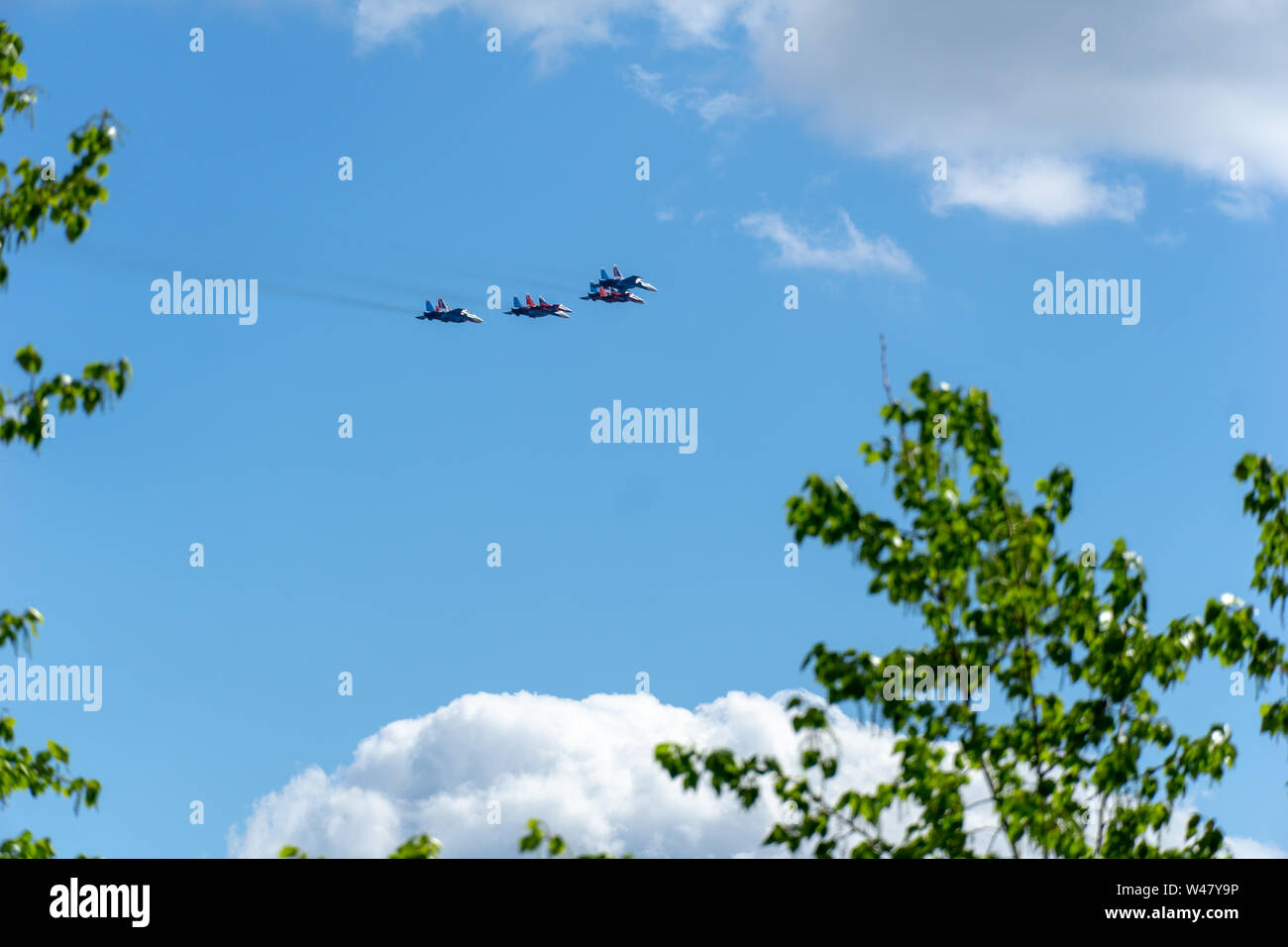 Moscow, Russia, May 9, 2019 - Aircraft Su-34 Su-27 MiG-29 flying ...