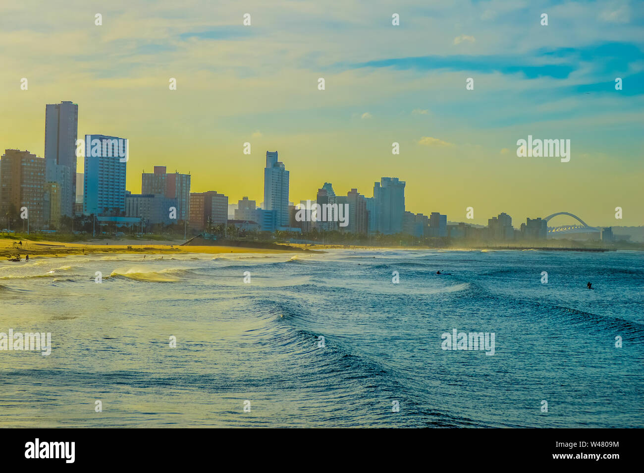 Durban golden mile beach with white sand and skyline KZN South Africa ...