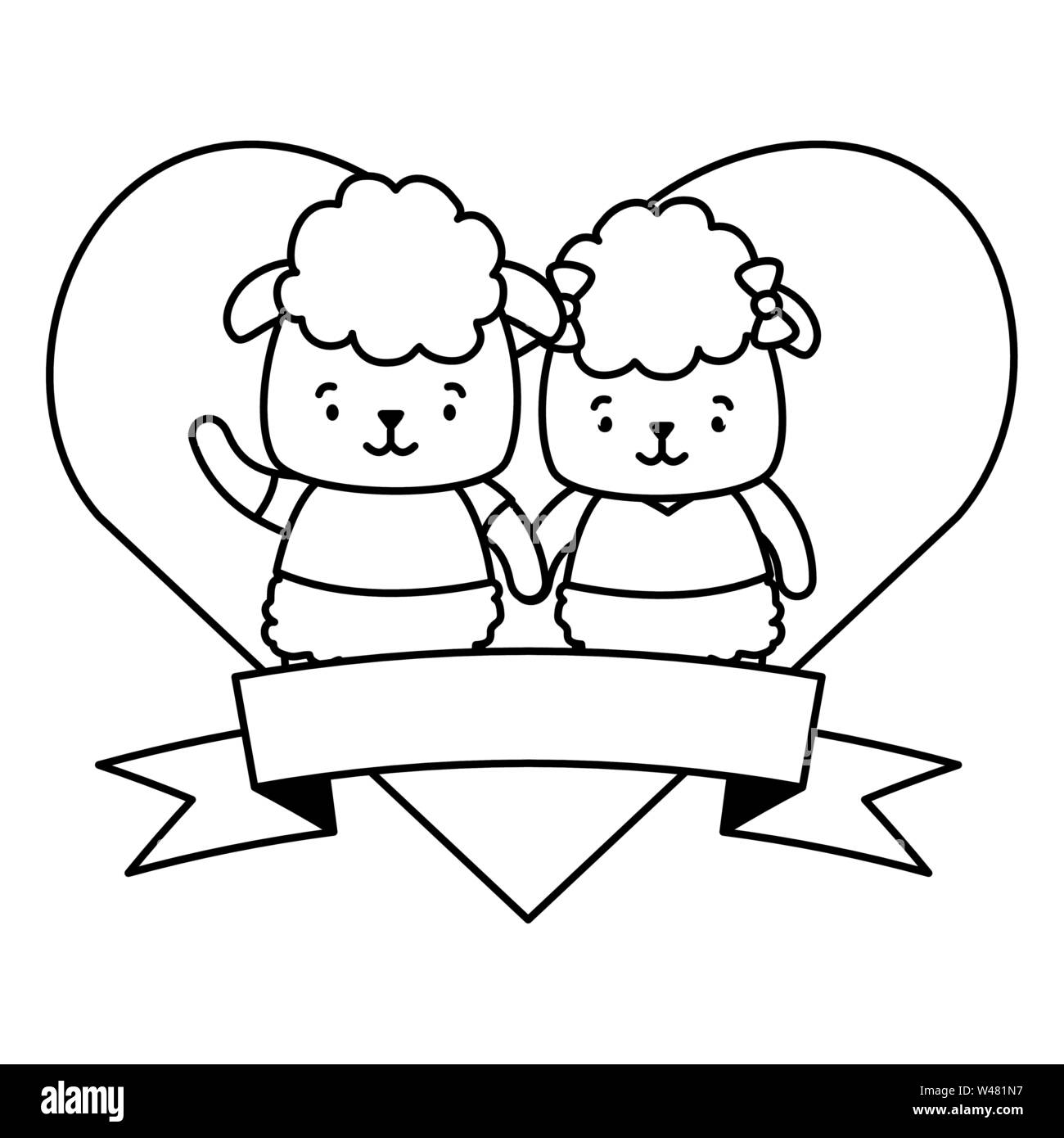 cute couple sheep animals heart love ribbon Stock Vector Image & Art ...