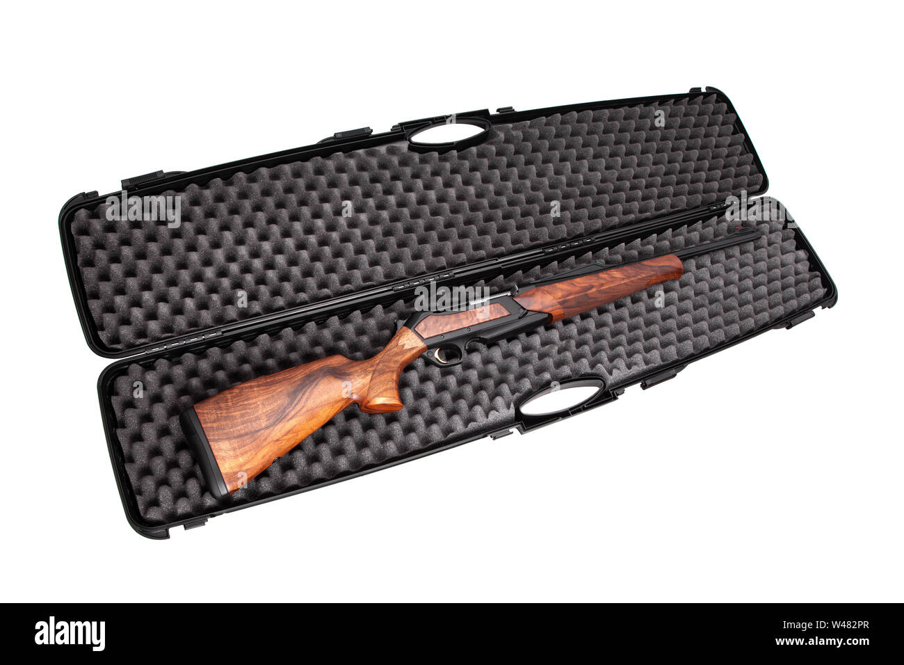 Modern semi-automatic hunting rifle with a wooden butt in an open ...