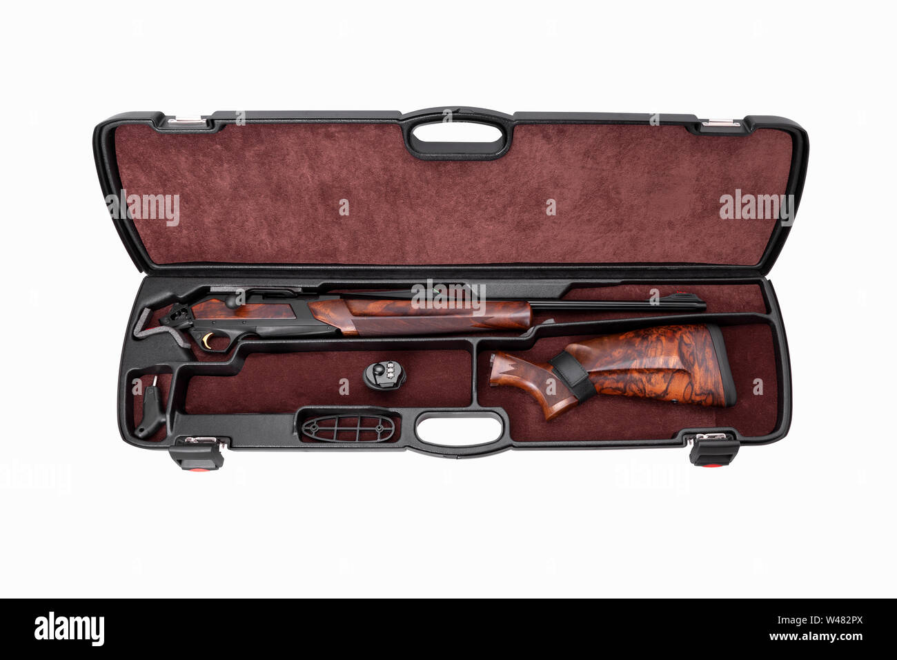 Modern semi-automatic hunting rifle with a wooden butt in an open ...