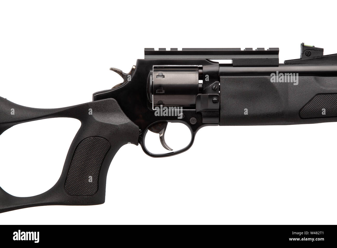 Black pistol revolver with elongated barrel and special butt. Gun ...