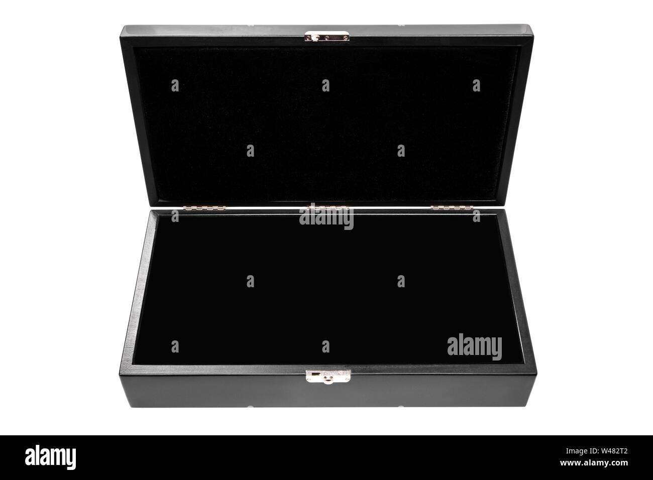 Luxury open black box isolated on white background. Open black wooden ...